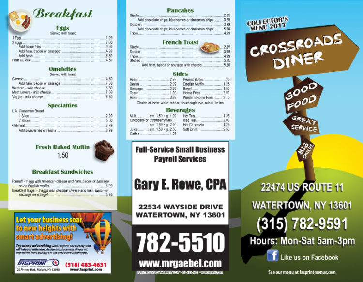 Cross Roads Diner | Fasprint Menus
