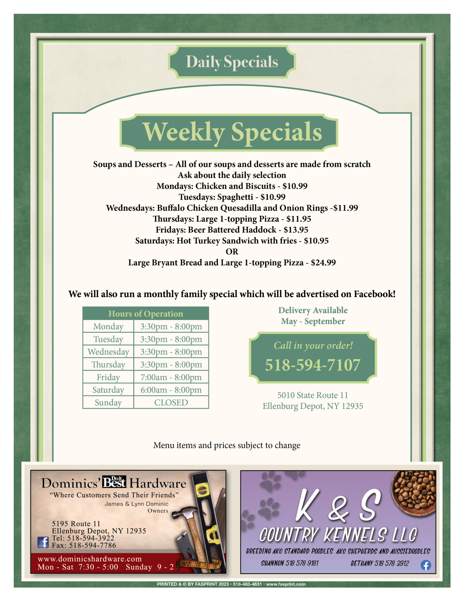 Ellenburg Inn | Fasprint Menus