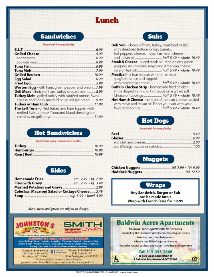 Pit Stop Diner | Fasprint Menus