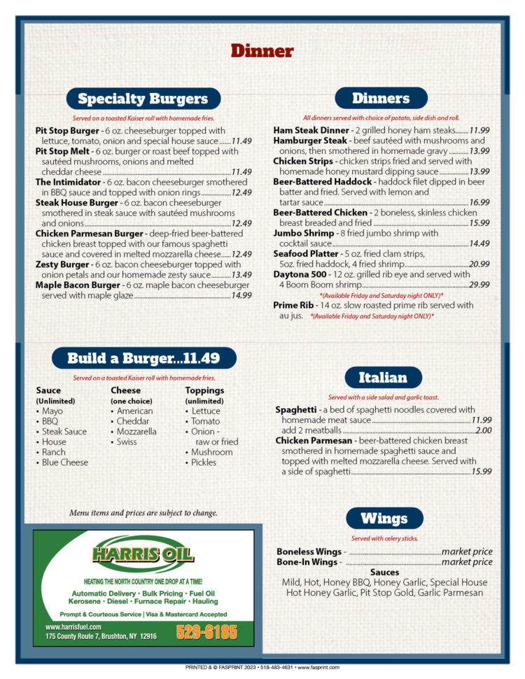 Pit Stop Diner | Fasprint Menus