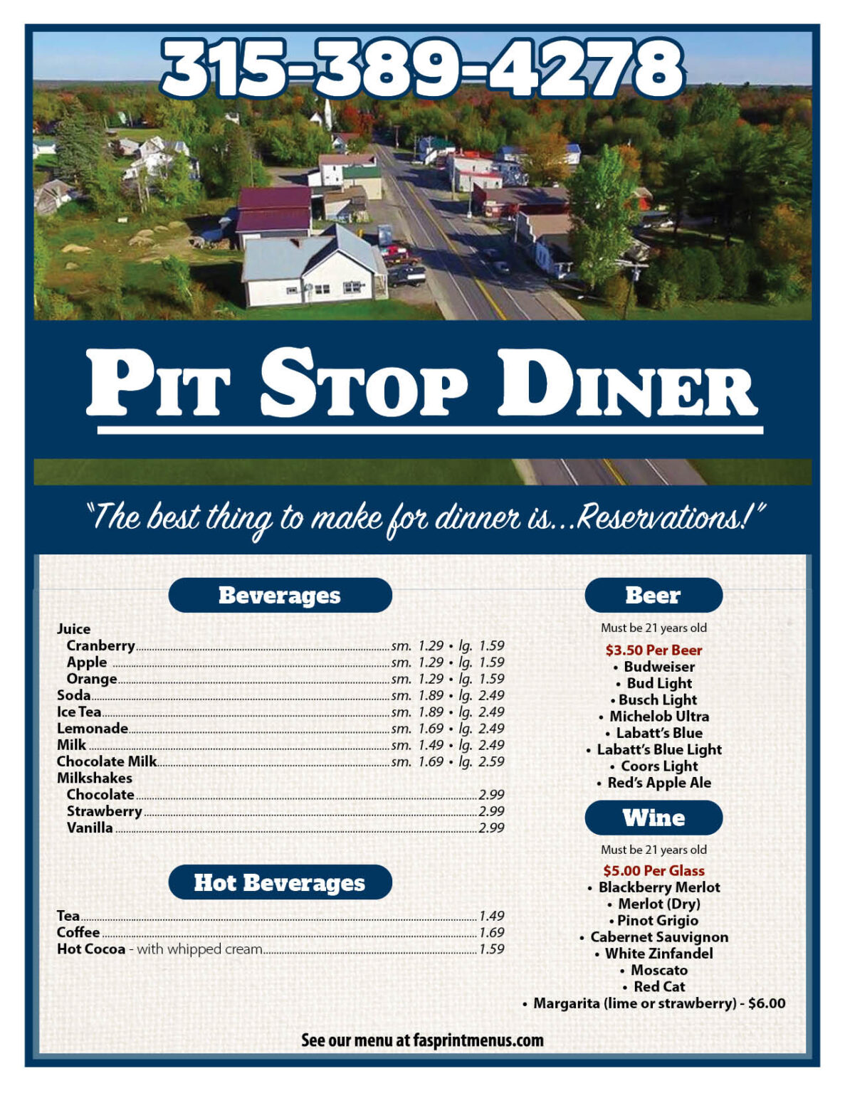 Pit Stop Diner | Fasprint Menus