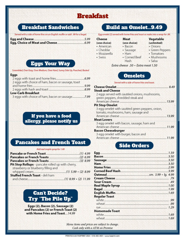 Pit Stop Diner | Fasprint Menus