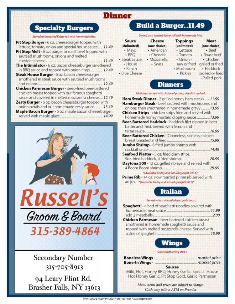 Pit Stop Diner | Fasprint Menus