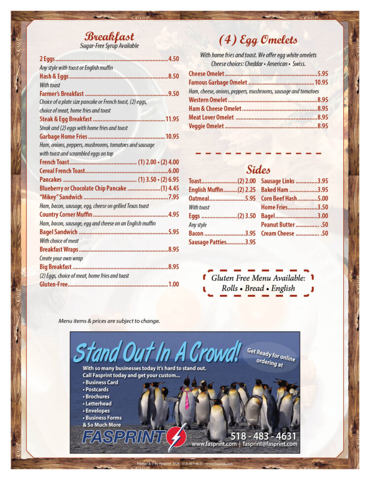 Country Corner Diner | Fasprint Menus