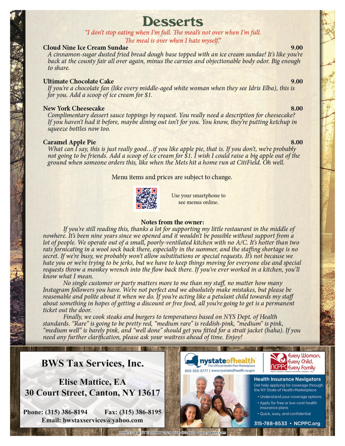 Timber Tavern | Fasprint Menus